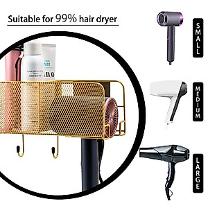Hair Dryer Holder,Metal Hair Tool Organizer with 2 Hook,Bathroom Accessories Organizer for Hair Dryer, Curling Iron, Hair Brushes , Flat Iron, Hair Straightener,Gold Hair Styling Tools Organizer
