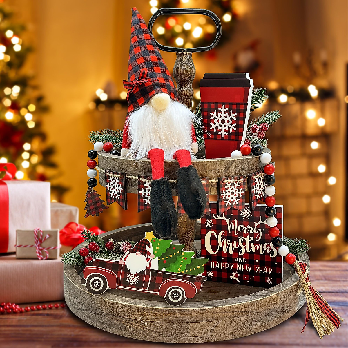 Christmas Tiered Tray Decorations, Christmas Wooden Signs & Gnome Plush Decor Buffalo Plaid 6 PCS for Home Indoor Table, Xmas Tabletop Farmhouse Rustic for Home Kitchen Holiday