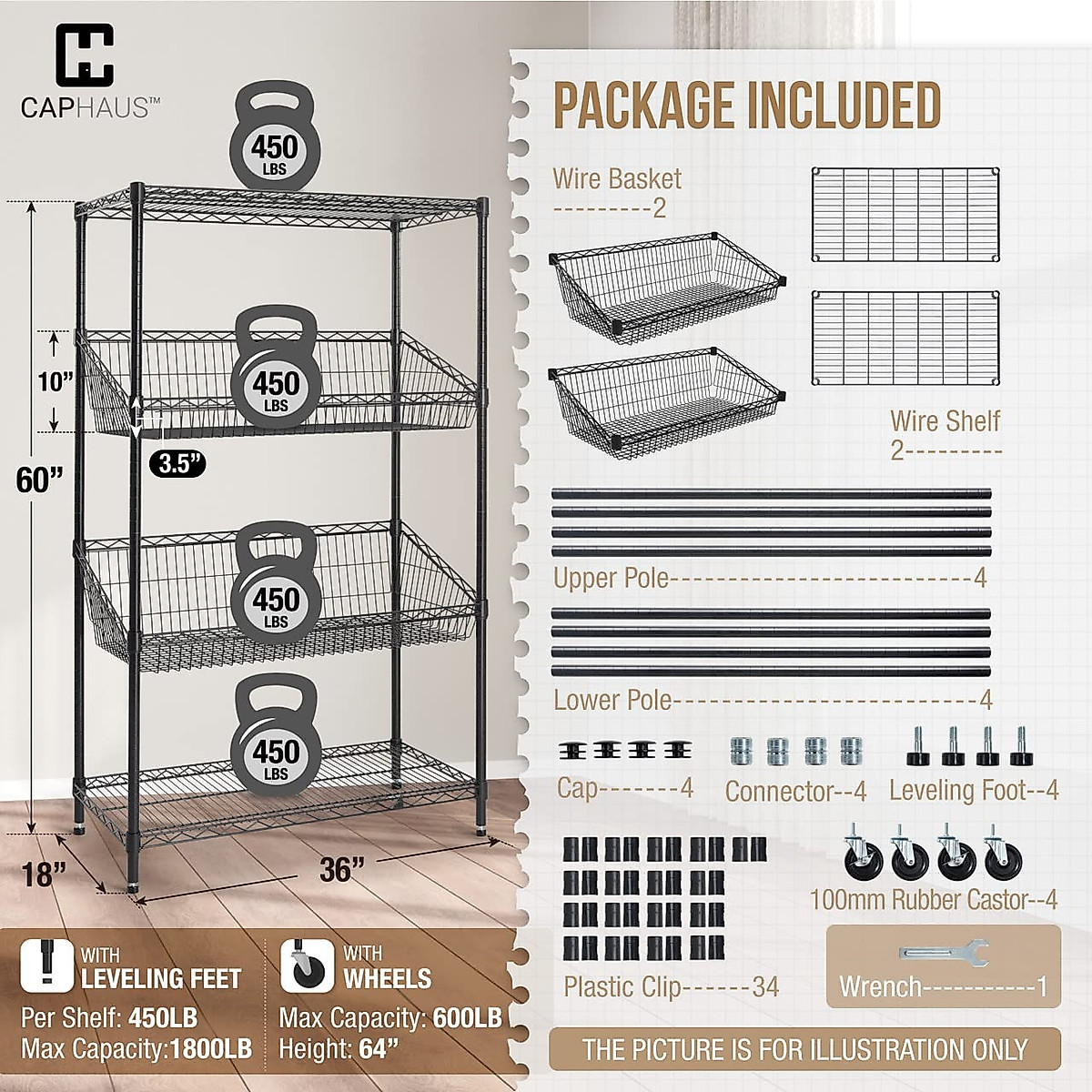 Fencer Wire NSF Commercial Heavy Duty 4 Tier Wire Shelving w/Two Trapezoid Basket, Wheel, Leveling Feet, Storage Metal Shelf, Utility Wire Rack Storage Shelving, Basement Garage Shelving, Black