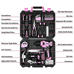 DEKOPRO Drill Set: Tool Set with 8V Pink Cordless Drill, Home Tool Kit with Drill, Hand Tool Kits for Women 126 Piece