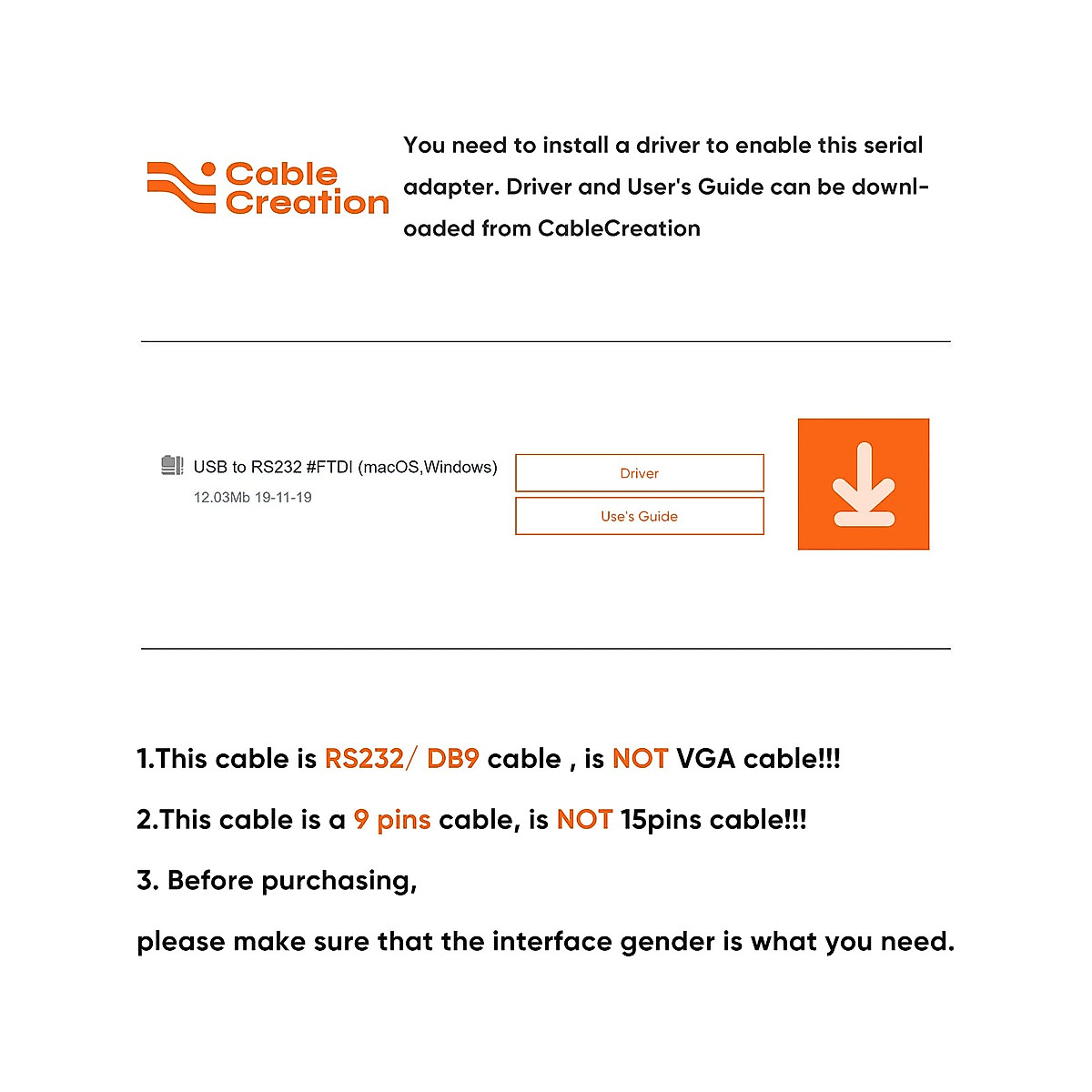 CableCreation USB to RS232 Cable (FTDI Chipset), 3 Feet RS-232 Male DB9 Serial Converter Cable for Windows 11, 10, 8.1, 8,7, Vista, XP, 2000, Linux, Mac OS X,1M / Black