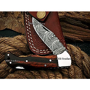 JNR TRADERS Damascus Pocket Knife with Sheath, Folding Knife, Handmade Small Folding Pocket Knife with Sheath, Wood Handle 2397
