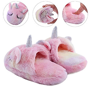 KAKU NANU Kids Slippers Fluffy Slippers Warm Rainbow Slippers Memory Foam Home Slides for Girls Boys(8.5-9.5 little kid)