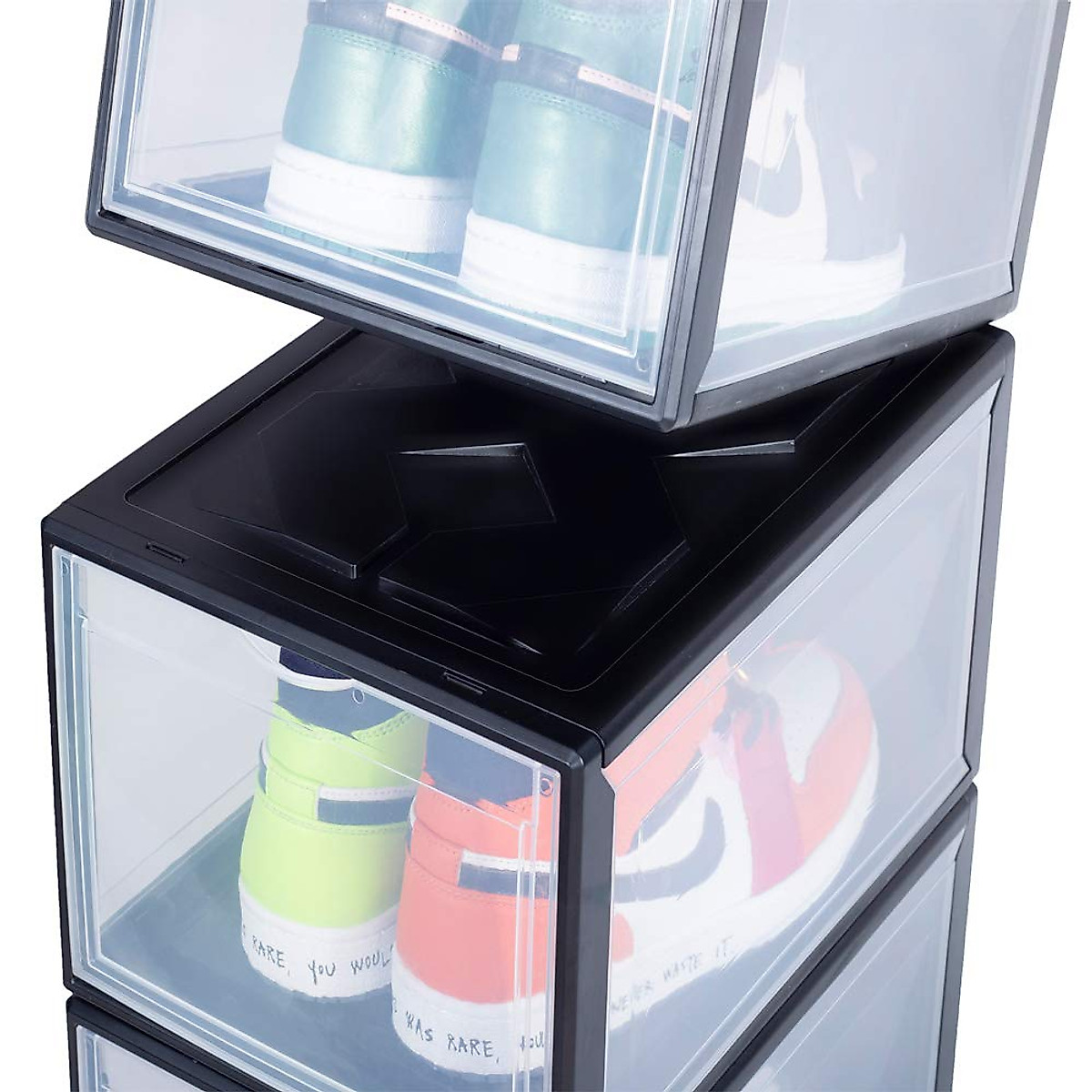 S-JIANG Shoe Boxes Clear Plastic Stackable, Drop Front Shoe Display Box Large Storage Containers Shoe Box Organizer for Sneaker Men Women (Black, 4 PACK)