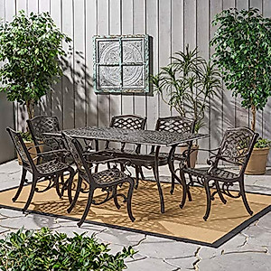 Christopher Knight Home Hallandale Outdoor Sarasota Cast Aluminum Rectangular Dining Set, 7-Pcs Set, Hammered Bronze