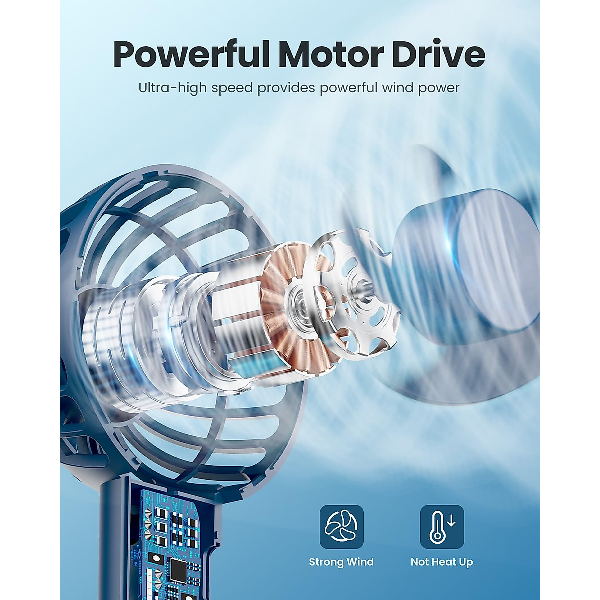 Gaiatop Mini Portable Fan, Navy Blue, Cute Design, Powerful Wind, Handheld and Desktop, Rechargeable Battery