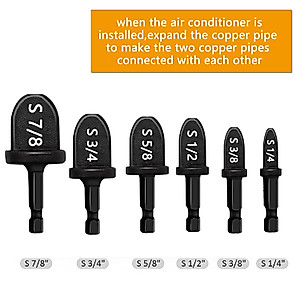 Aienxn 6PCS Swaging Tool Drill Bit Set, HVAC Repairing Set Air Conditioner Manual Copper Pipe Swage Tube Expander Soft Copper Tubing Tool with 1/4'', 3/8'', 1/2'', 5/8'', 3/4'', 7/8'' Bits Q-M-045