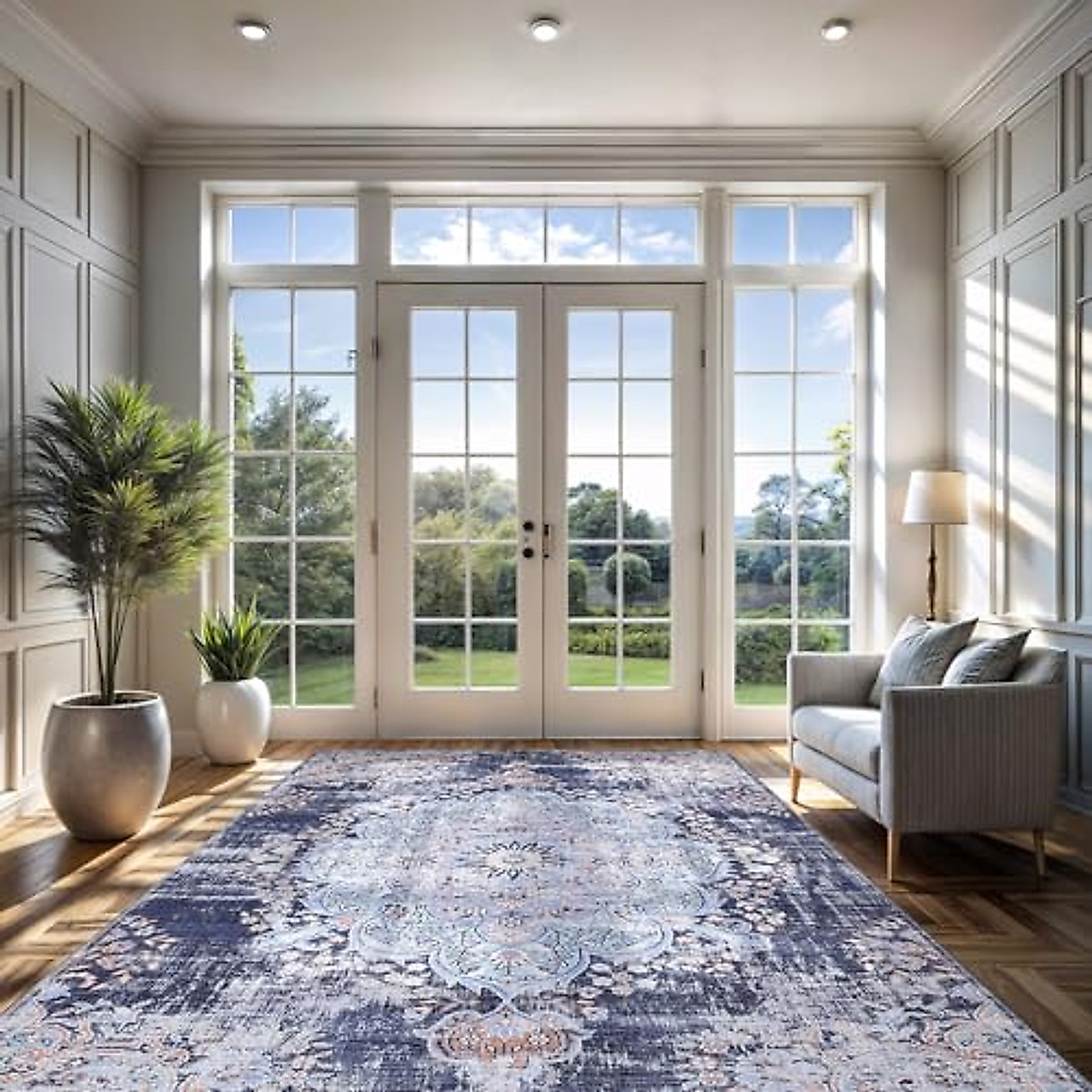 CAMILSON Printed Area Rugs with Ultra Thin Super Strong for Living Room Bedroom, Vintage Rug 8x10, Stain and Water Resistant, Traditional Bohemian Indoor Carpet (8 x 10, Blue)