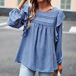 Orders Placed by me Womens Tops Dressy Casual Solid Color Long Sleeve Round Neck Blouses Swiss Dot Flowy Pleated Stylish Shirts Blue M