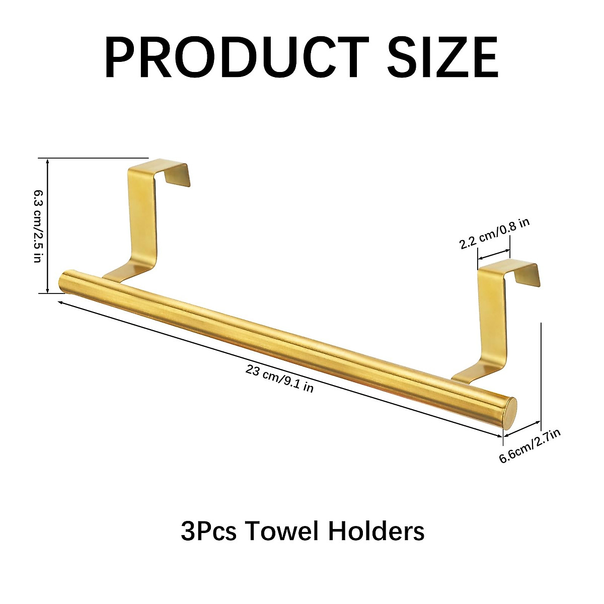 RETON 3 PCS Over Door Towel Rack, 9 Inch Stainless Steel Cabinet Towel Hanger Towel Bar Holders, Kitchen Towel Holder with Anti-Slip Pads, No Drilling (Gold)