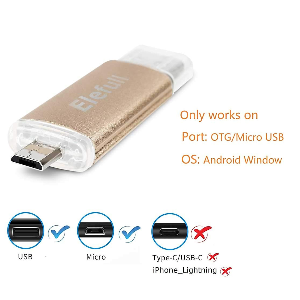 USB Flash Drive 64GB for Android Smart Cell Phone Tablet Computer Car Player TV Projectors Free Up Phone Storage Space Only Works On Phone with Micro USB Port Copy Photos Video (64GB Gold)