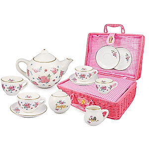 Porcelain Tea Set for Girls - Pink Ceramic Tea Cups with Pink Box - Tea Glass Toy for Kids Tea Party - Ideal Gift for Toddlers and Children's Ages 3 Years Old - Floral Design, 13 Pieces