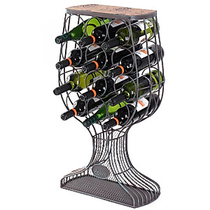 Vintage Decorative Wooden Metal Goblet Shaped Freestanding Wine Rack with Cork Holder