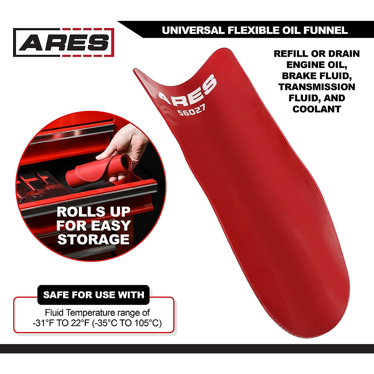 ARES 56027 - Universal Flexible Oil Funnel - Spill-Free Oil Filling - Easy to Use 1-Person Design - Fits Multiple Applications