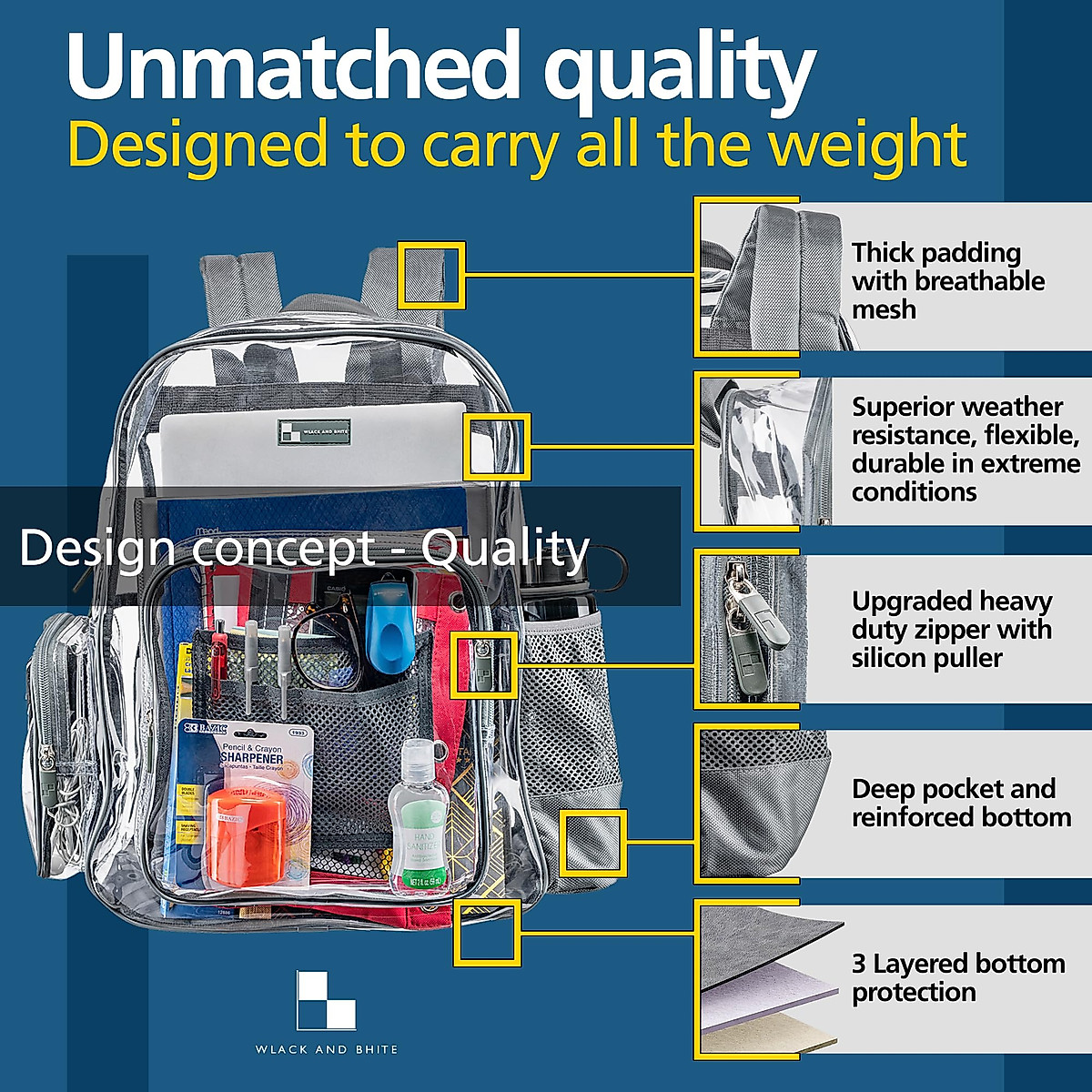 Heavy Duty Clear Backpack with Mesh Organizer, Clear Bookbag (Large, Black)