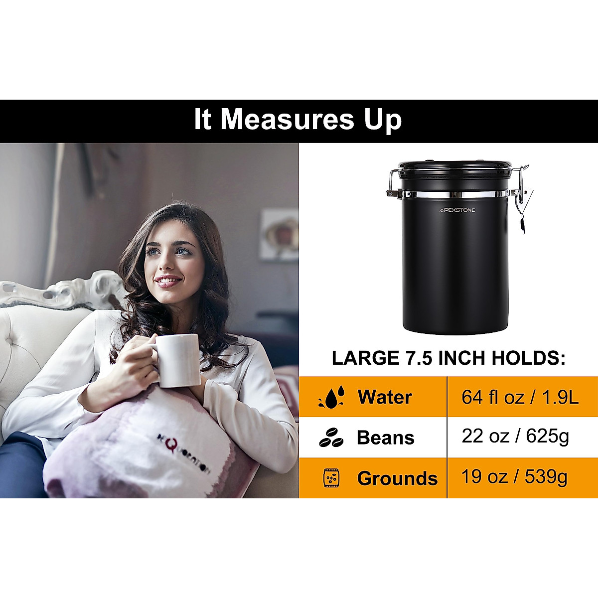 Apexstone Coffee Canister Black Large, Coffee Storage Airtight Canister with Scoop, Airtight Coffee Canister With Scoop(22 oz), Coffee Canister Stainless Steel Storage Container with Date Tracker