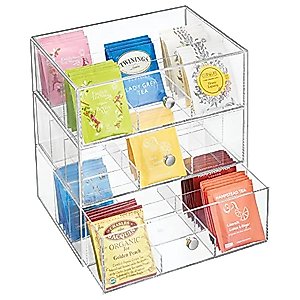 mDesign Plastic Tea Bag Caddy Box Storage Container Organizer Holder with 3 Drawers - for Kitchen Pantry, Cabinet, Countertop - Holds Coffee, Sugar Packets, Drink Pods - Clear