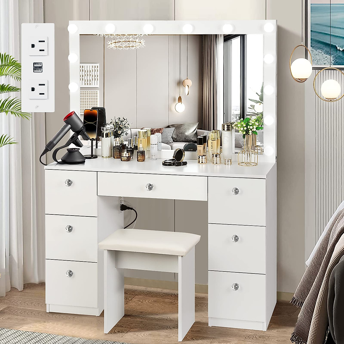 SMOOL Vanity with Lighted Mirror, Makeup Vanity Desk with Power Outlet and LED Bulbs, 3 Color Lighting Modes Adjustable Brightness, 7 Drawers Vanity Table with Cushioned Stool for Women Girls, 44'' L