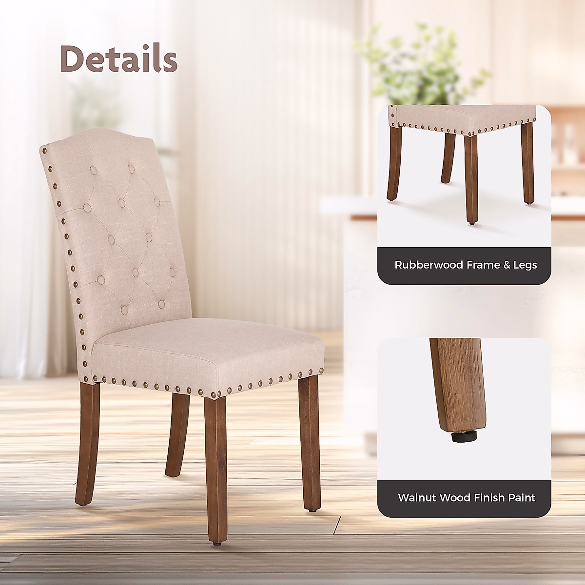 ALPHA HOME Dining Chairs Set of 2, Upholstered Dining Room Chairs, Tufted Kitchen Chairs with Solid Wood Legs and Tall Backrest, Fabric Padded Parson Chairs, Beige