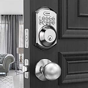 TEEHO TE001K Keyless Entry Door Lock with Handle - Electronic Keypad Deadbolt with Door Knob - Deadbolt Smart Lock for Front Door - Auto Lock - Easy Installation - Satin Nickel