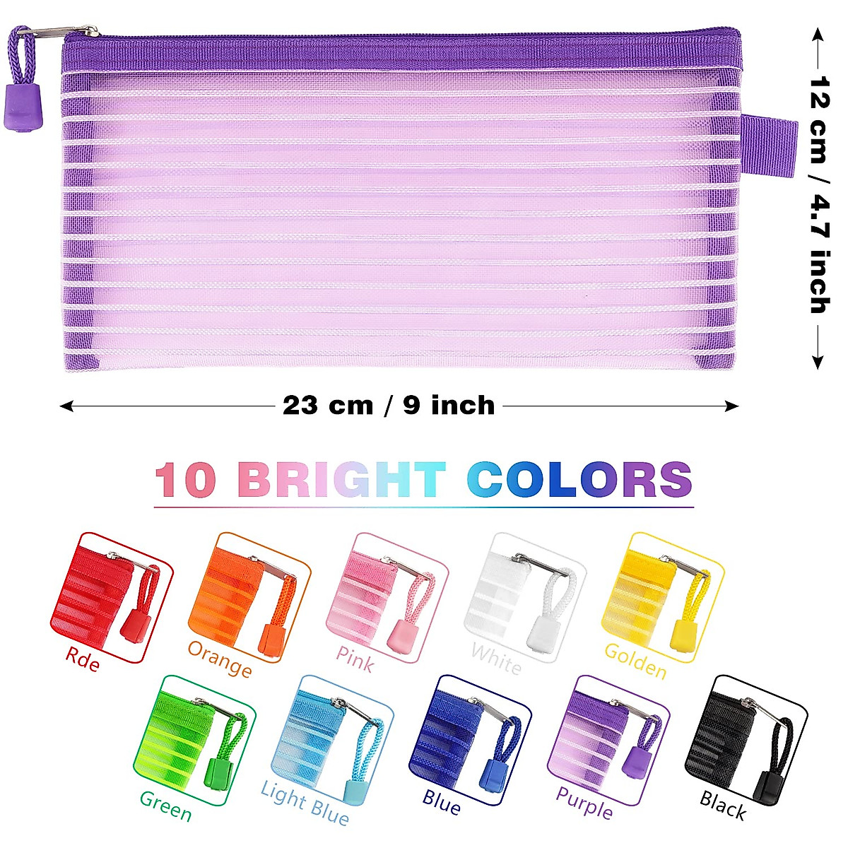 Tamaki 10 Pack Zipper Mesh Pouch Pencil Pouch Multicolor Pen Bag Multipurpose for Office Supplies Travel Storage Bags, 10 Colors