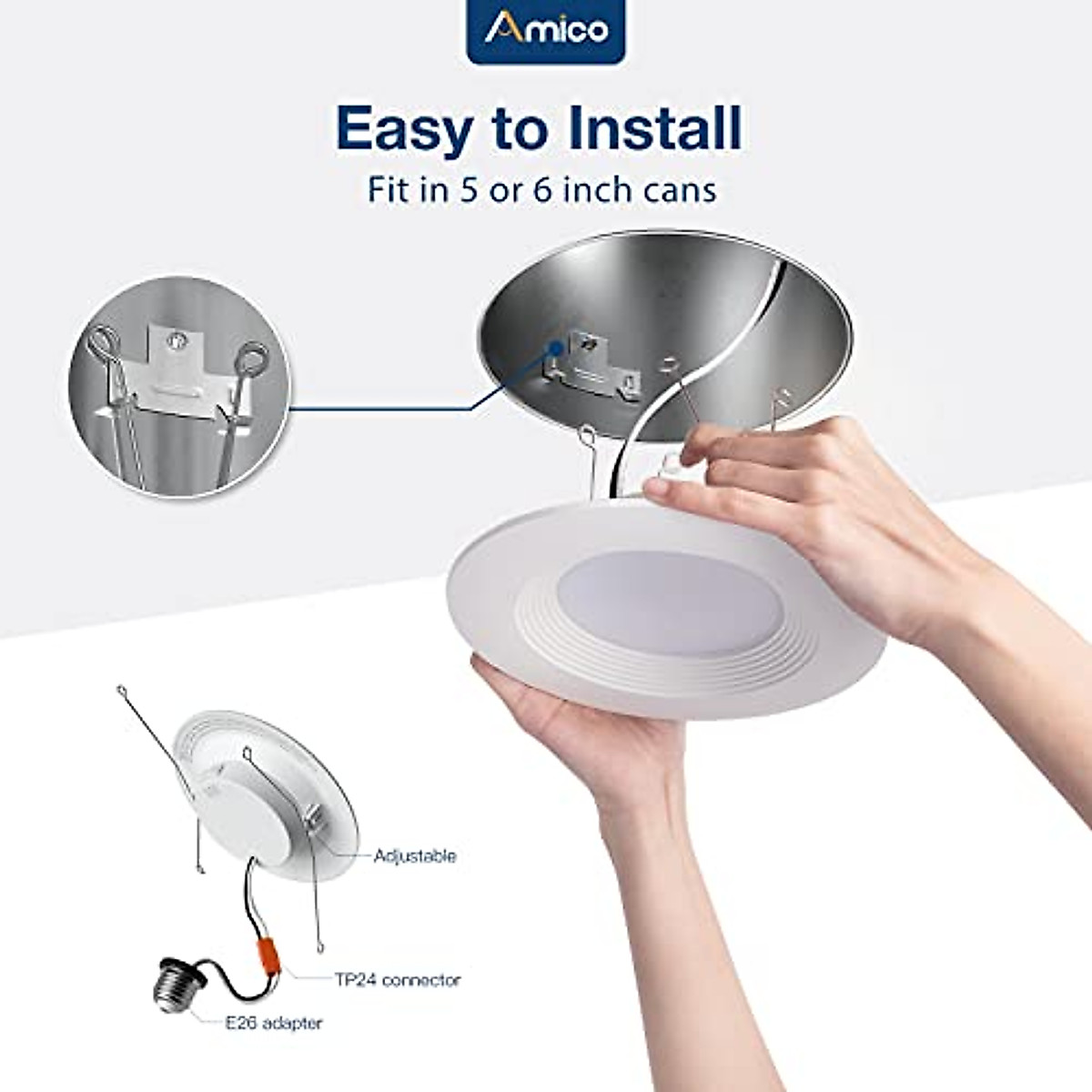 Amico 5/6 inch 5CCT LED Recessed Lighting 12 Pack, Dimmable, Damp Rated, 12.5W=100W, 950LM Can Lights with Baffle Trim, 2700K/3000K/4000K/5000K/6000K Selectable, Retrofit Installation - ETL & FCC