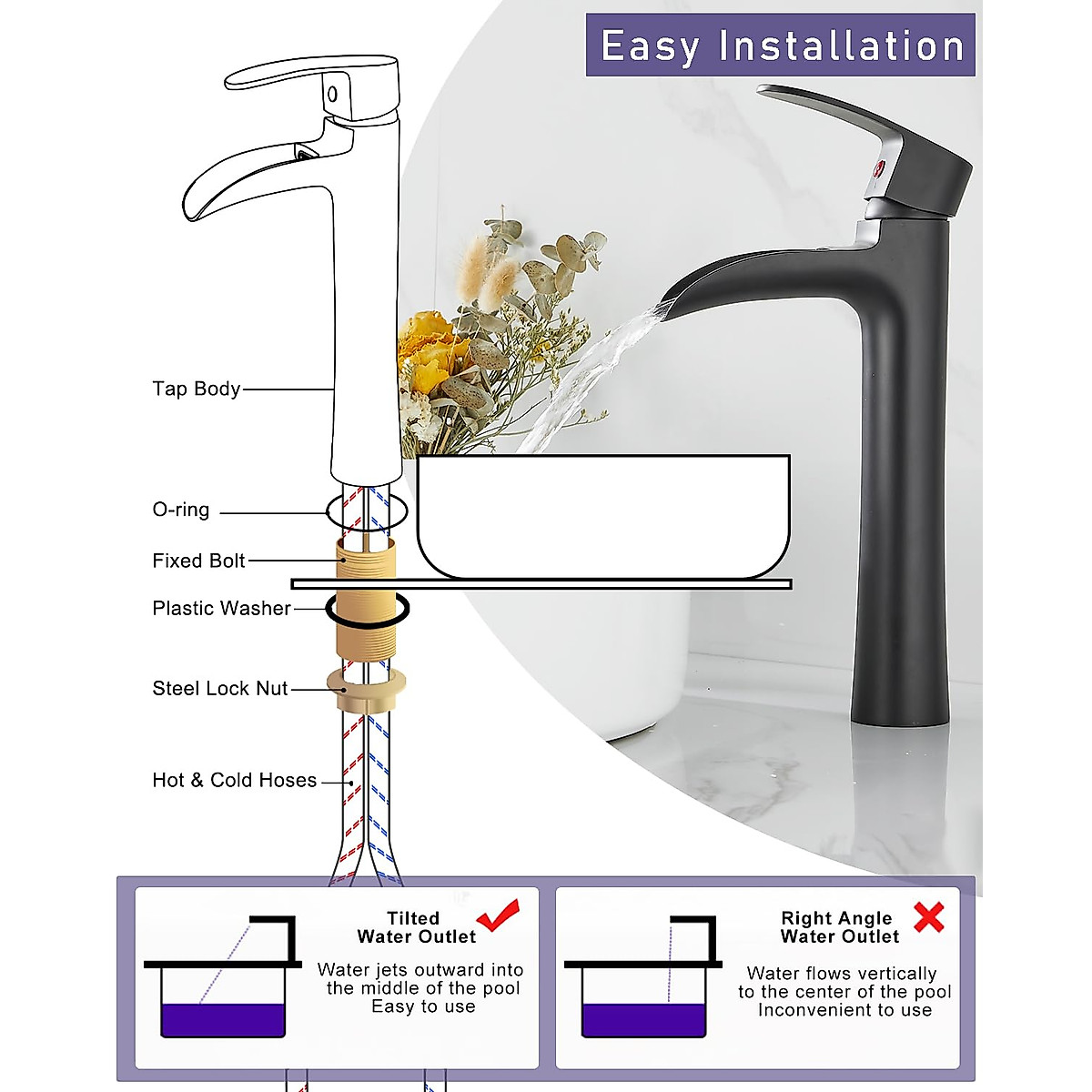 Arkosdex Modern Bathroom Vessel Sink Faucet, Tall Waterfall Bathroom Faucets, Single Handle Lavatory Vanity Faucet for Bowl Sink, 1 Hole Bath Tap with Pop Up Drain & Water Lines, Brass, Matte Black