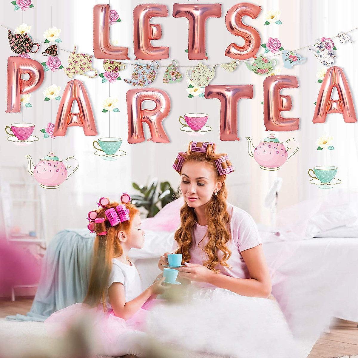 Mity rain Tea Party Decorations - LET'S PAR TEA Aluminum Foil Balloons/Teapots Teacups Tea Party Banner/Floral Tea Party Hanging Decorations for Baby Shower Bridal Shower Girls Birthday Party Supplies