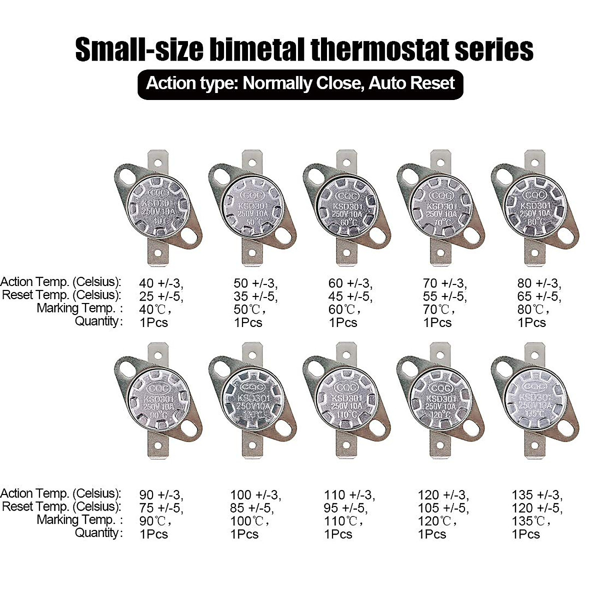 Hilitchi KSD301 20Pcs NO and NC Thermostat Temperature Thermal Control Switch Auto Reset 40C to 135C Thermal Control Switch Assortment Kit with Bimetal Disc. for Household Electric Appliances