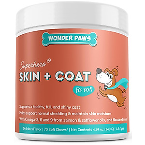 Wonder Paws Skin & Coat Supplement for Dogs with Salmon Oil, Omega 3 & 6, EPA & DHA, Promotes Healthy Skin and Coat, Itchy Relief, Joint and Overall Health, Delicious Flavor, 70 skin & coat Soft Chews