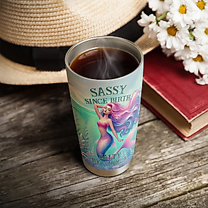 20oz Mermaid Tumbler, Sassy Since Birth Salty by Choice, Gifts for Mermaid Lovers, Coffee Thermos for Women, Stainless Steel Double Wall Vacuum Insulated Coffee Mug, Travel Cup with Lid