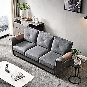 Ucloveria, Futon Sleeper Sofa Bed Mid-Century Modern Linen Fabric Faux Leather Sectional Couch for Living Room with 6 Wood Legs and 2 Removable Storage Boxes, Dark Gray, 84.65" L x 31.89" W x 35" H