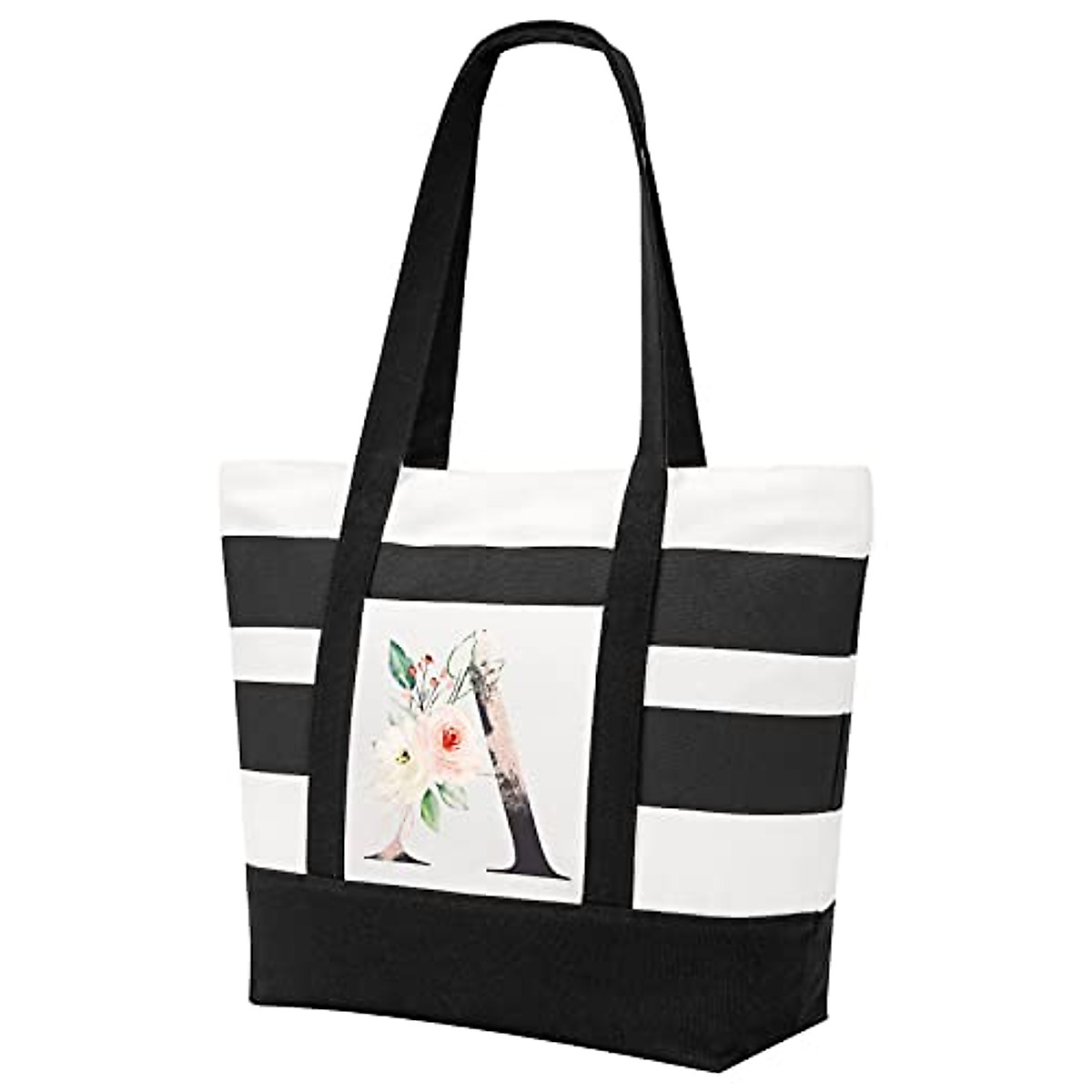 PARBEE Initial Canvas Tote Bag, Stripe & Floral Monogrammed Tote Bag with Pocket Top Zipper, Large Beach Bags Monogram Gift for Women Bridal Shower Wedding Birthday Mom Teachers, B