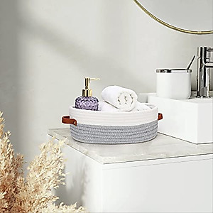 HLWDFLZ Bathroom Countertop Organizer Basket, Cotton Rope Woven Storage Basket Toilet Paper Decorative Basket for Bathroom, Bedroom, Living Room, Entryway (White/Gray)