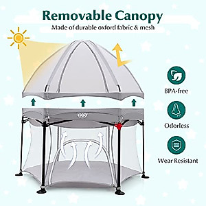 BABY JOY 53'' Outdoor Baby Playpen, Portable Large Play Yard for Babies and Toddlers w/Removable UV Canopy, Bag, Padded Mat, Foldable Travel Baby Beach Tent Play Pens for Both Indoors and Yard Grey