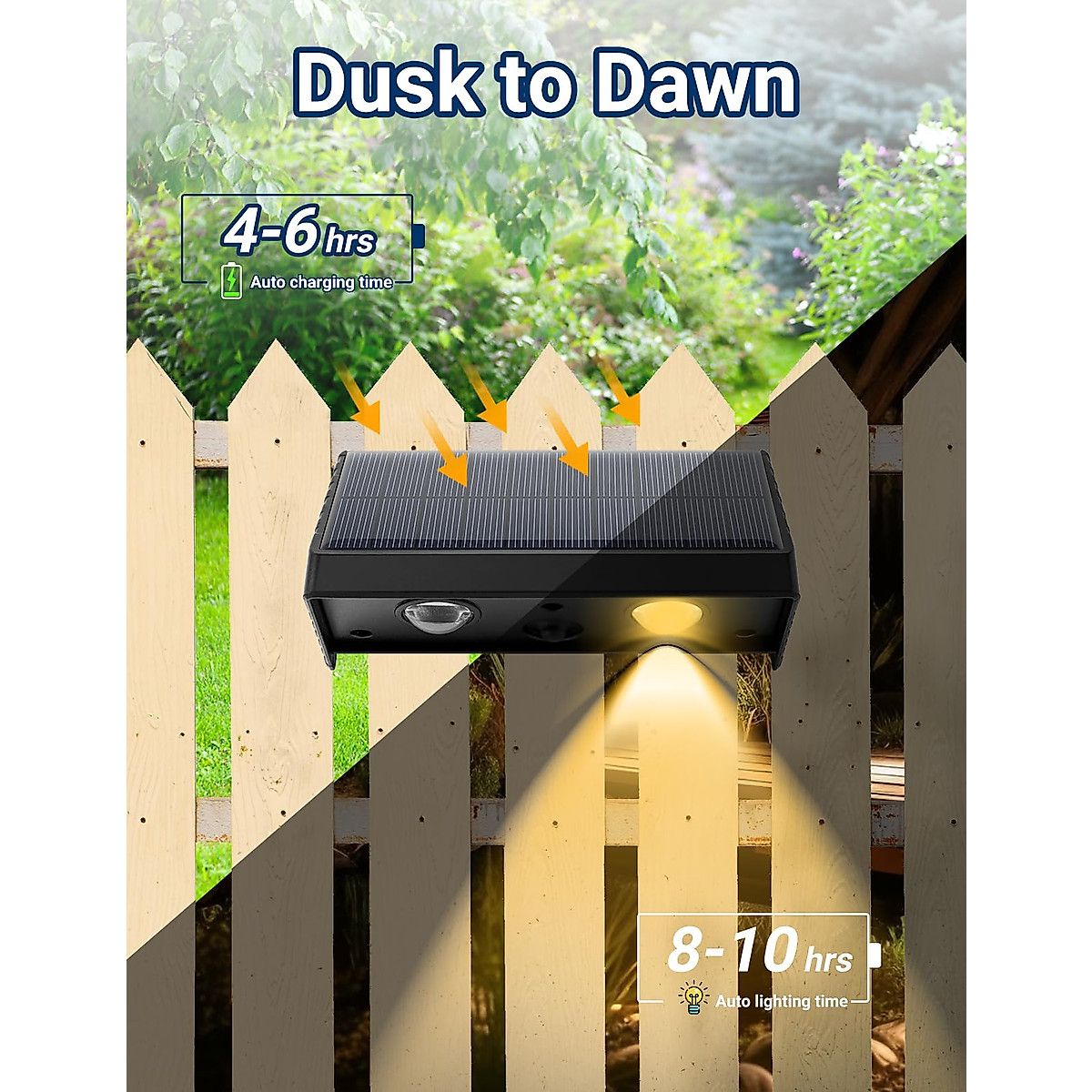 Solar Powered Fence Lights Outdoor Wall Mount LED Decorative Waterproof Yard Lamps for Outside Stair, Rail, Deck, Backyard, House Patio, Pool, Design for Long-Lasting Dusk to Dawn, Warm White 4 Pack