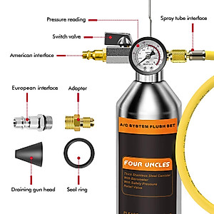 FOUR UNCLES IRONCUBE AC Flush Kit,A/C Air Conditioner System Flush Canister Kit Clean Tool Set R134a R12 R22 R410a R404a for Auto Car with 3.5 ft Hose American Interface