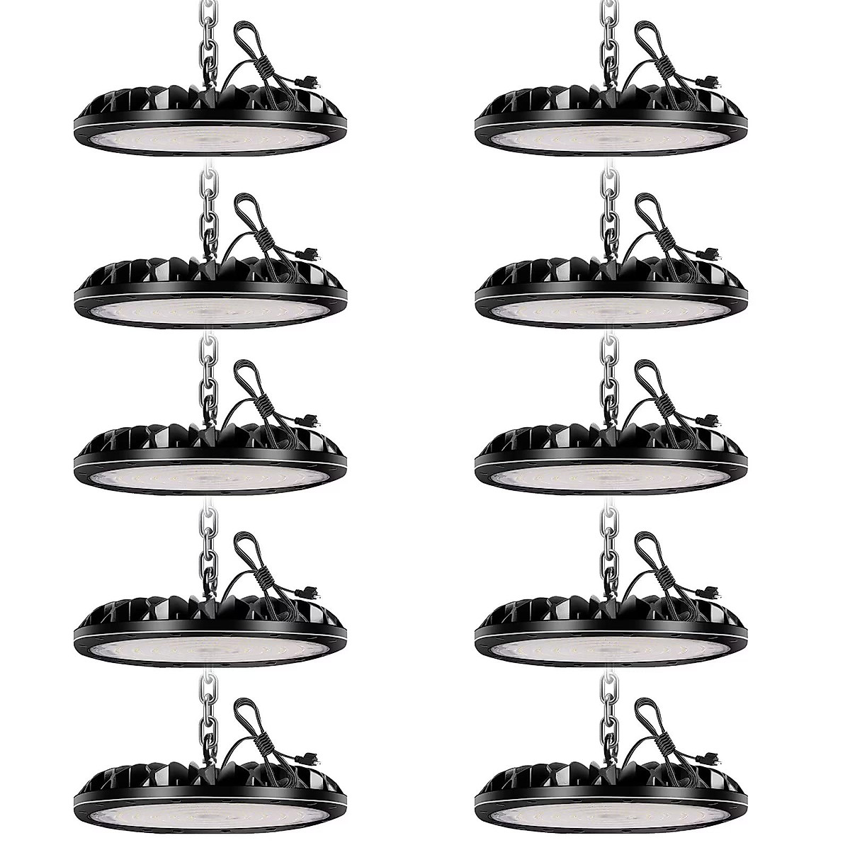 Royana 10 Pack 300W LED High Bay Light, 110V LED Shop Lights, 6000K 30000LM UFO Warehouse Light, with 4ft Cable US Plug, Hook Mount, Garage, Factory, Warehouse, Workshop, Area Light