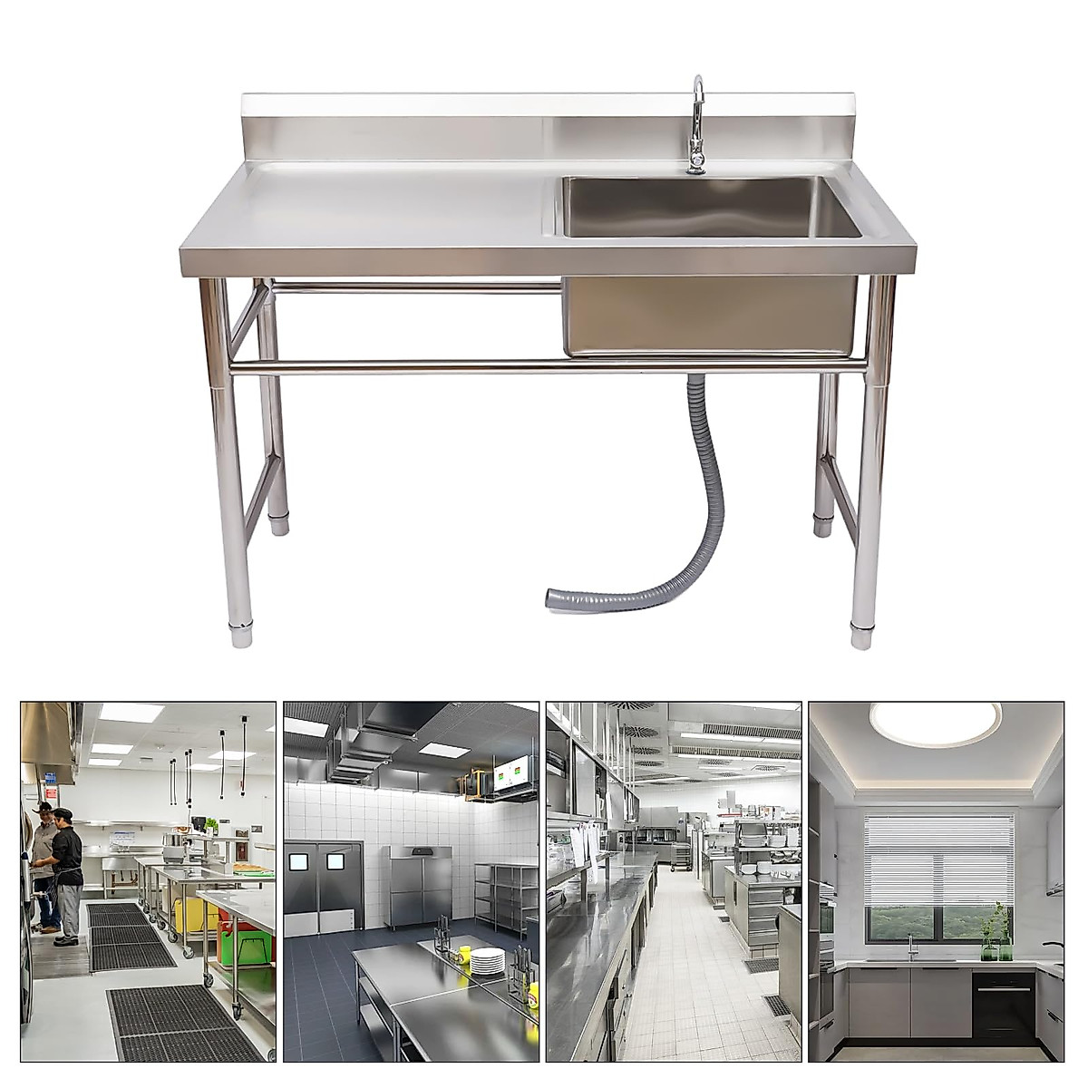 Commercial Restaurant Sinks, Stainless Steel Utility Sink, Large Single Bowl Sink, With Drainboard&Faucet Commercial Restaurant Kitchen Sink Set,Freestanding Utility Sink and Countertop for Restaurant