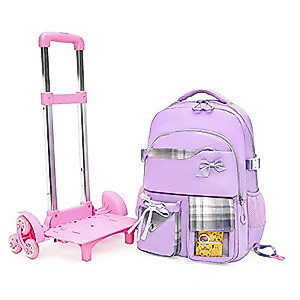 GLOOMALL Cute Rolling Backpack School Girls Boys, Lightweight Trolley Travel Bag with 6 Wheels Classic Roller Luggage (Purple bow)