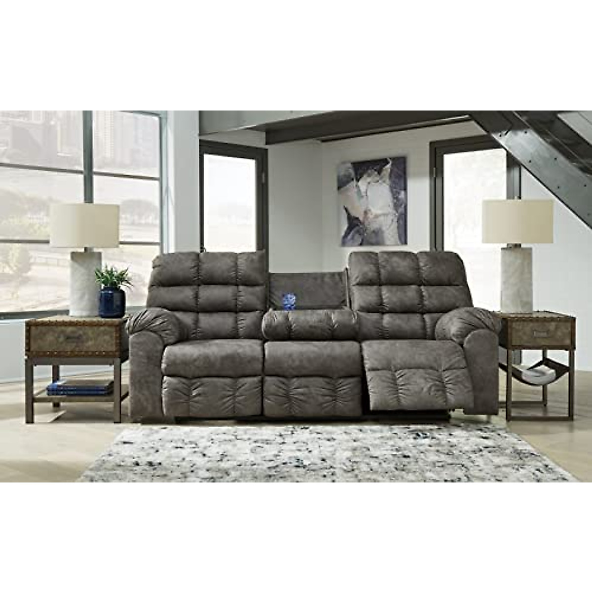 Signature Design by Ashley Derwin Urban Faux Leather Tufted Reclining Sofa with Drop Down Table, Gray