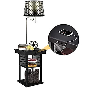 Costzon Floor Lamp, Swing Arm Lamp w/Wireless Charger, Side Table, 2 USB Ports, Open Shelves & Shade, Modern Bedside Nightstand Lighting for Living Room, Bedroom, Guest Room, End Table Lamp (Black)