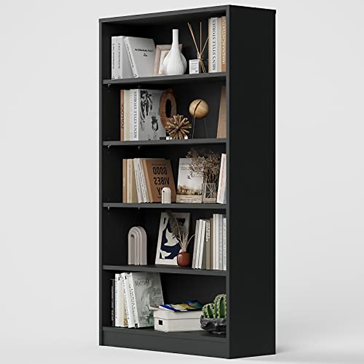 STARY 5 Shelf Bookcase Black Tall Bookshelf for Bedroom 5 Tier Modern Wood Bookshelf 33" Wide 60" Tall
