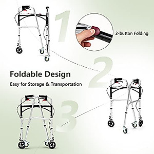 Goplus Walkers for Seniors, 4-in-1 Folding Walker with 5’’ Wheels, Detachable Seat, Height Adjustable Stand Up Walker, Medical Walking Mobility Aid, 350lbs Rolling Walker for Adult Bariatric Handicap