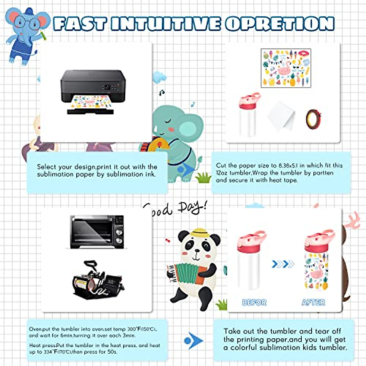 ZONEGRACE 12oz Sublimation Tumbler Bulk For Children,Toddlers,Heat Press For Print, Kids Sublimation Tumbler Cups With Handle, Straight Double Wall Kids Sublimation Water Bottle Blanks (5 Pack)