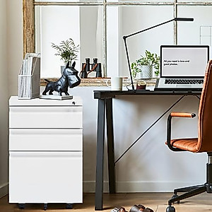 HOMEER 3 Drawer Mobile Locking File Cabinet,Anti-tilt Design Metal Vertical Filing Cabinet,Rolling Desk Filing Cabinet fits Letter/Legal Size for Home Office (White)