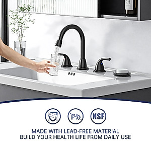 Phiestina Pull Down Sprayer Matte Black 8 Inch 3 Hole Bathroom Sink Faucet, 2 Handles Widespread Pull Out Bathroom Faucet, with Pop Up Drain and Water Supply Line,BF04008-B11-MB