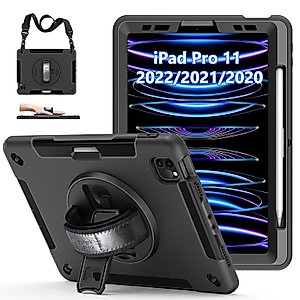 Case for iPad Pro 11 Inch 2022/2021/ 2020/2018: Military-Grade Silicone Cover for iPad 11 Inch 4th/ 3rd/ 2nd/ 1st/ Generation with Stand- Handle- Shoulder Strap- Pencil Holder- Black