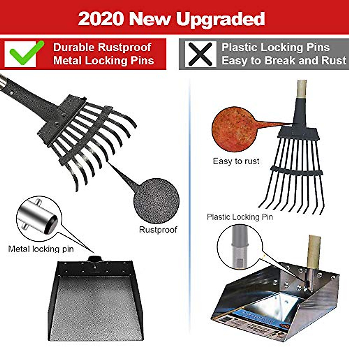 QiMH Upgraded Dog Pooper Scooper Extra Large, Adjustable Long Handle Stainless Metal Pet Poop Tray and Rake Set for Large Medium Small Dogs, Dog Waste Removal Bin Rake, Great for Grass, Street, Gravel