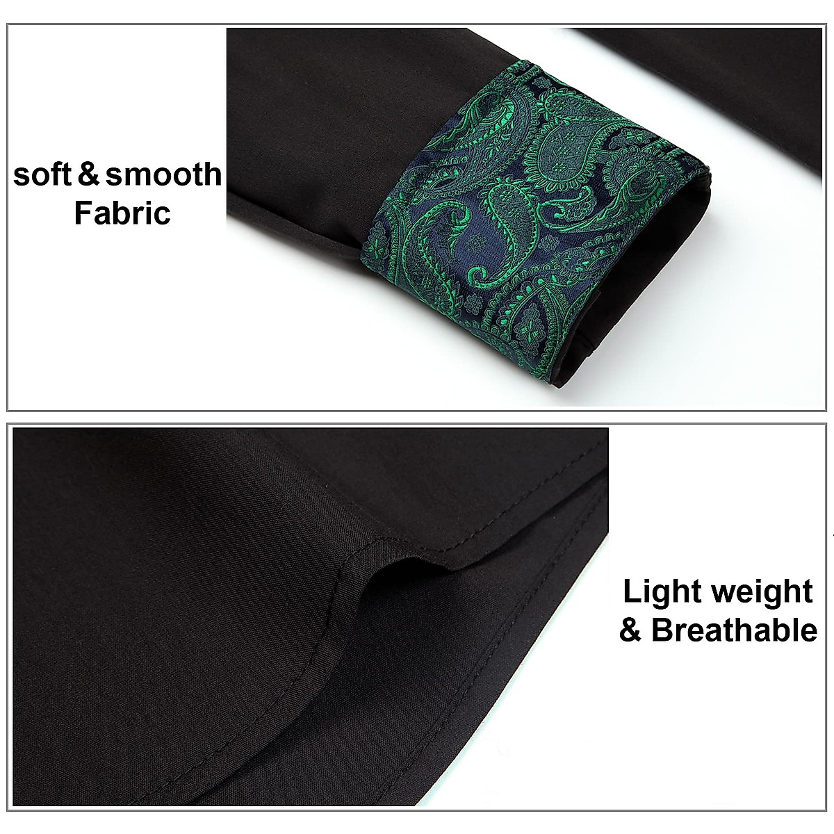HISDERN Black Green Dress Shirts for Men Long Sleeve Button Down Shirt Black Inner Paisley Contrast Mens Casual Formal Tuxedo Shirt